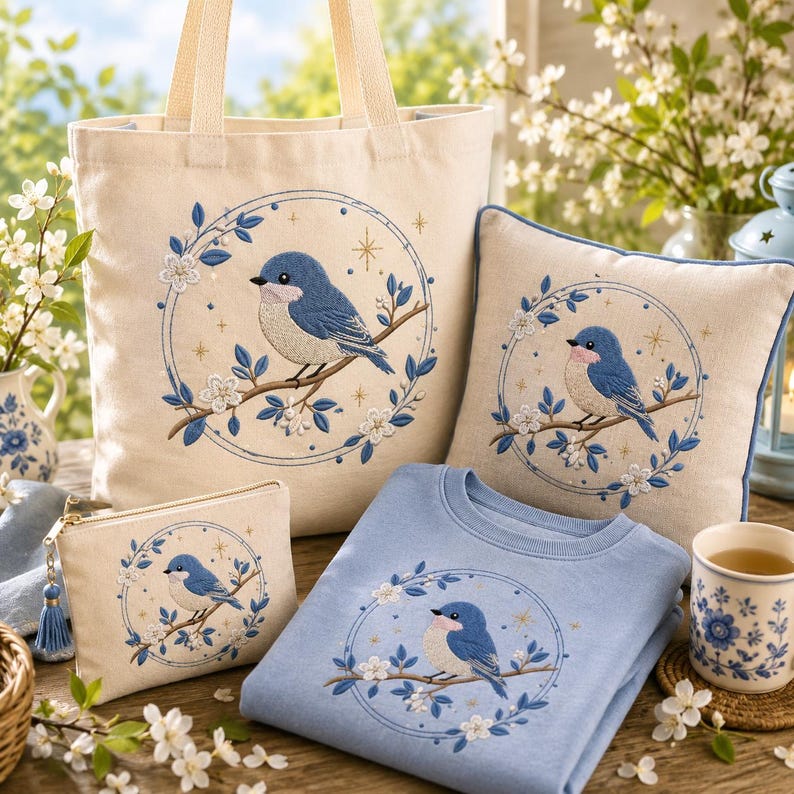 Blue Bird Floral Embroidery Design, Spring Branch Machine File (5 Sizes ...