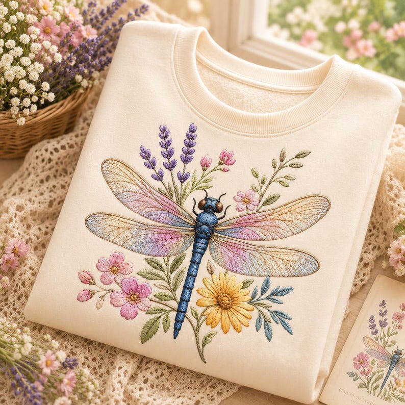 Dragonfly Wildflower Embroidery Design, Floral Insect Machine ...