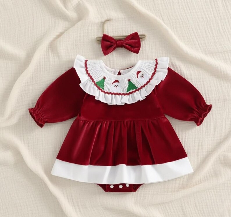 Christmas Baby Dress With Headband – Red Velvet Infant Outfit, Santa ...