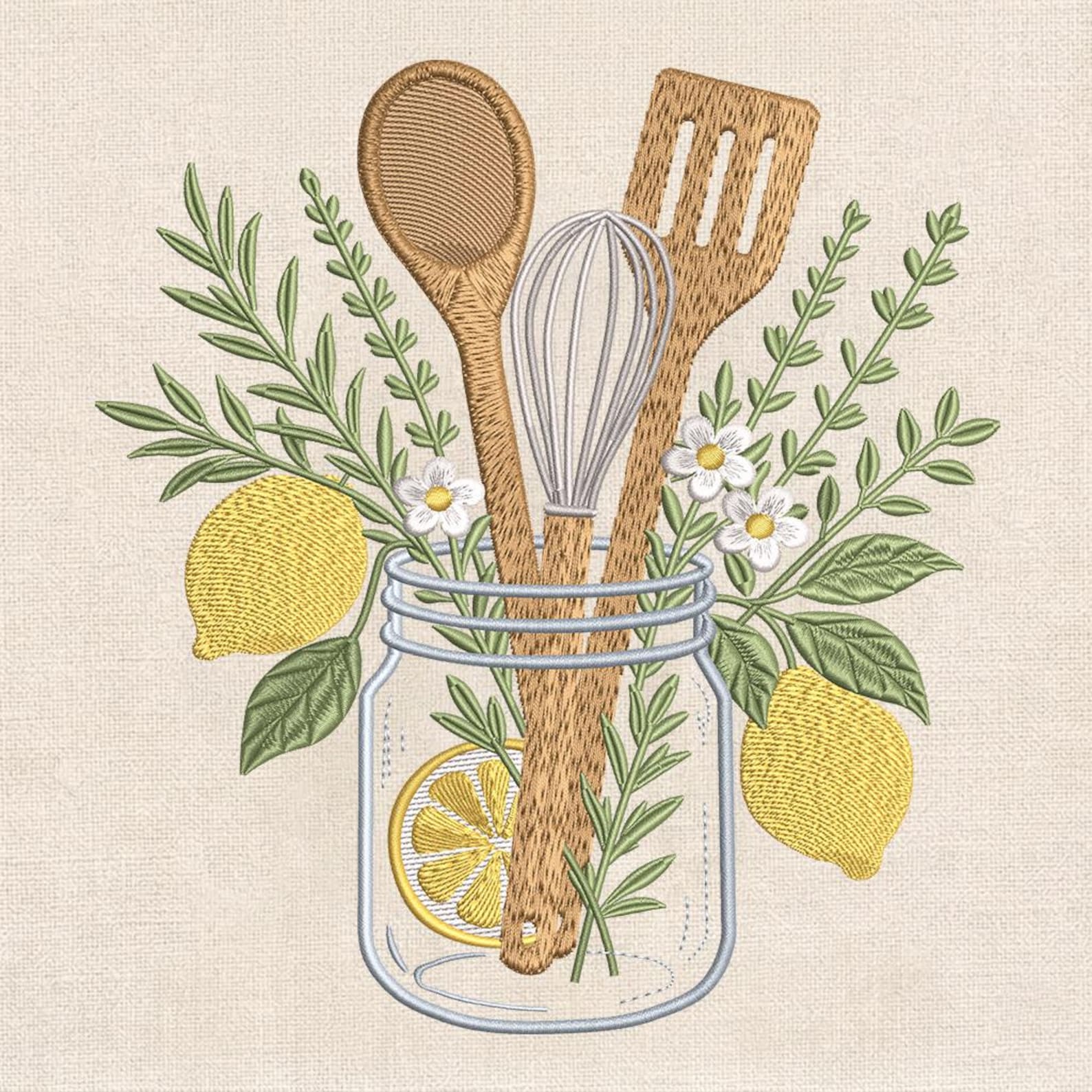 Lemon Mason Jar Embroidery Design, Farmhouse Kitchen Decor (instant ...
