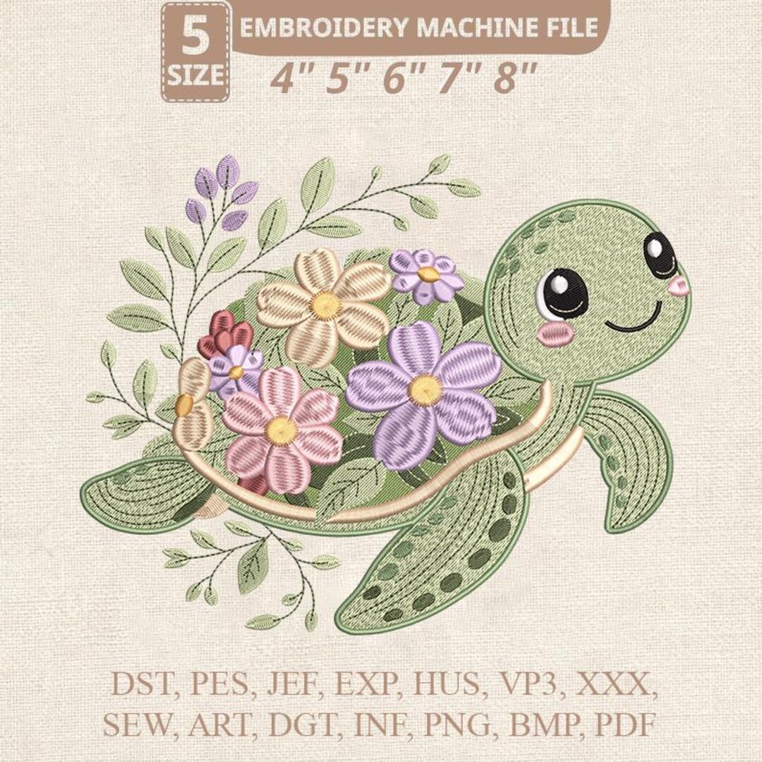 Floral Sea Turtle Embroidery Design, Machine Embroidery File (digital ...