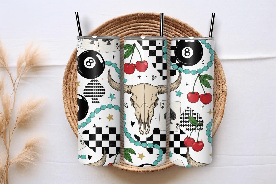 Western Cow Skull Retro Checkerboard Cherries 20oz Skinny Tumbler Wrap ...