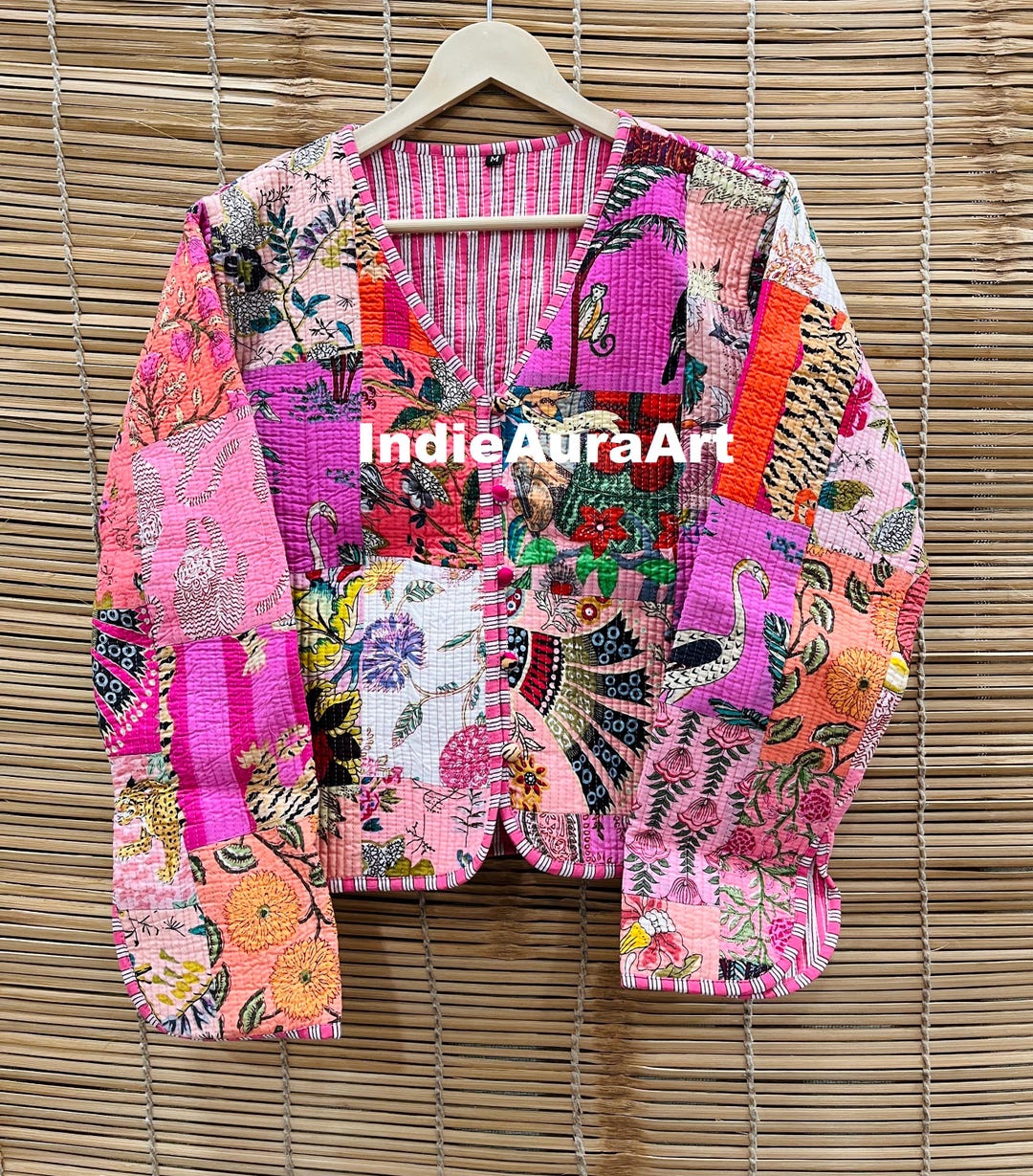 Handmade Pink Patchwork Quilted Cotton Jacket | Reversible Kantha Coat ...