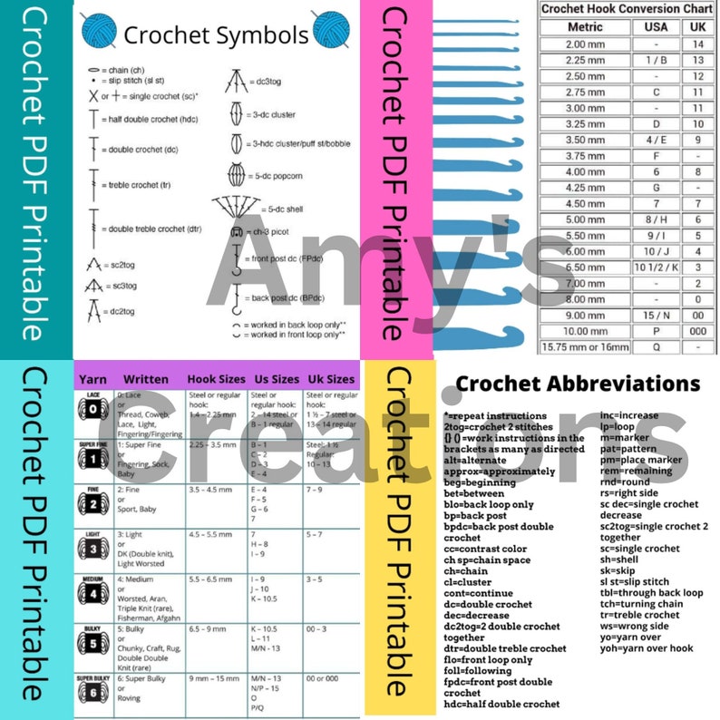 Ultimate Printable Crochet Charts Guide: Hook Sizes, Stitches ...