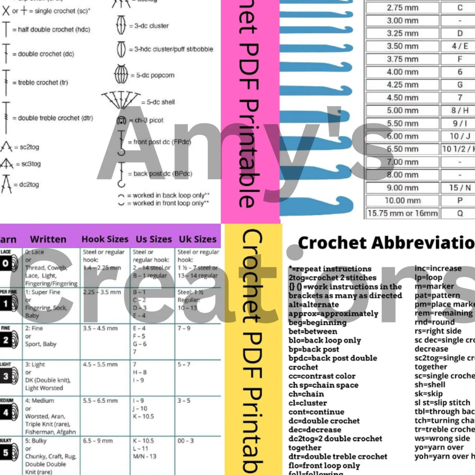 Ultimate Printable Crochet Charts Guide: Hook Sizes, Stitches ...