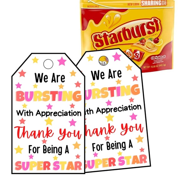 Printable Bursting with Appreciation Candy Gift Tag Starburst - Etsy México