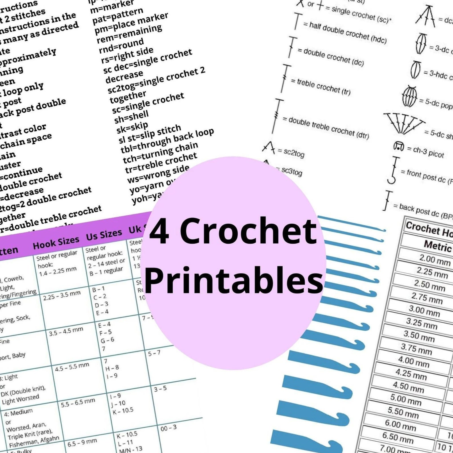 Ultimate Printable Crochet Charts Guide: Hook Sizes, Stitches ...