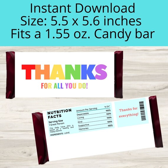 Thanks Appreciation Gift Candy Bar Wrapper Chocolate Bar - Etsy