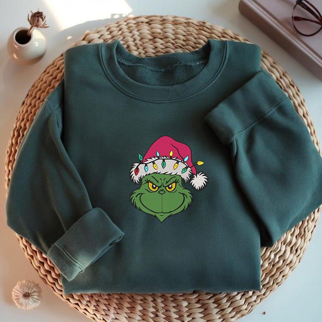 Grinch Christmas Embroidery Design, Funny Santa Hat Lights Stitch ...
