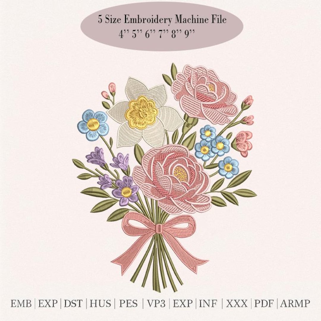 Floral Bouquet Embroidery Design, Roses Daffodil Machine Pattern ...