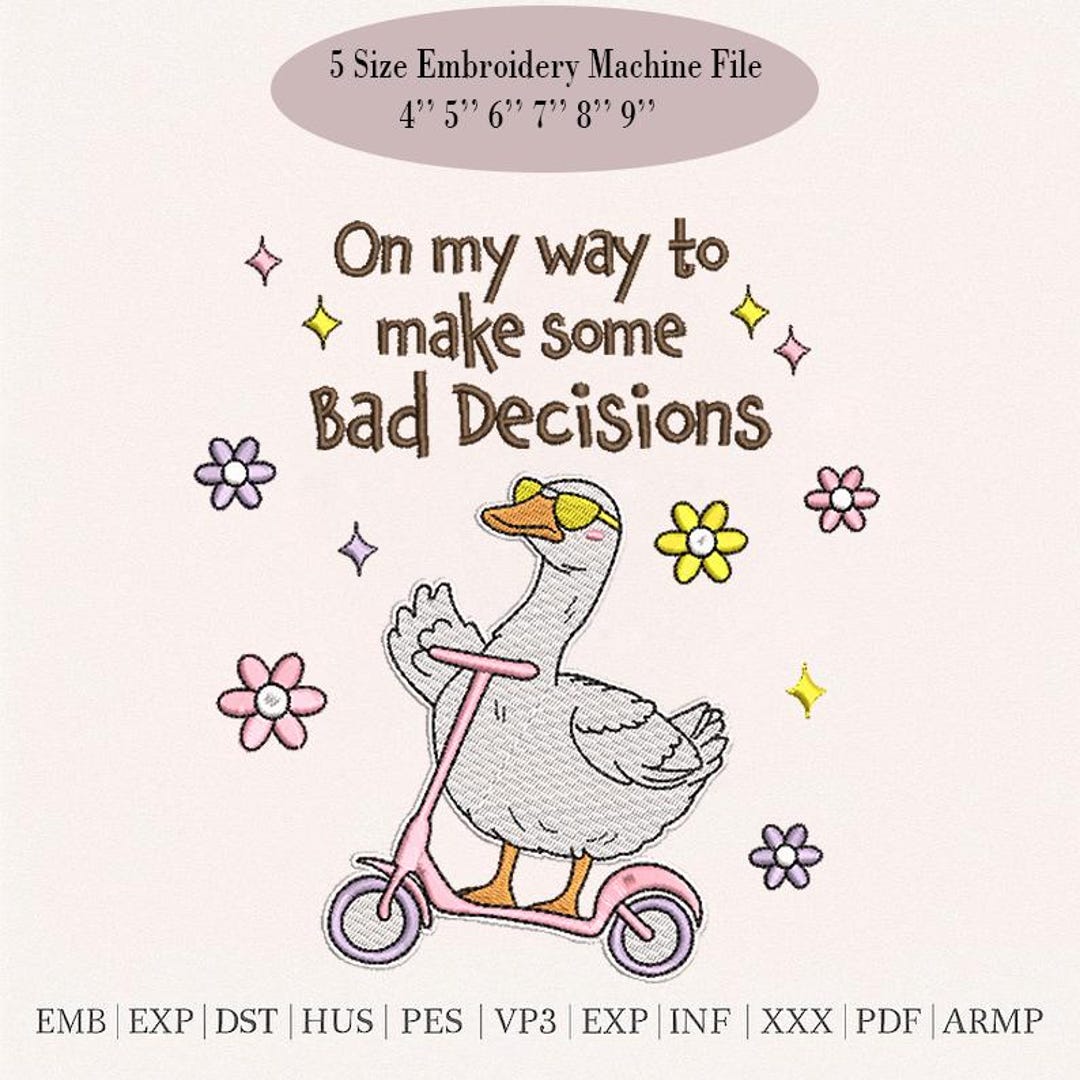 Silly Goose Embroidery Design, Funny Duck on Scooter Embroidery Pattern ...