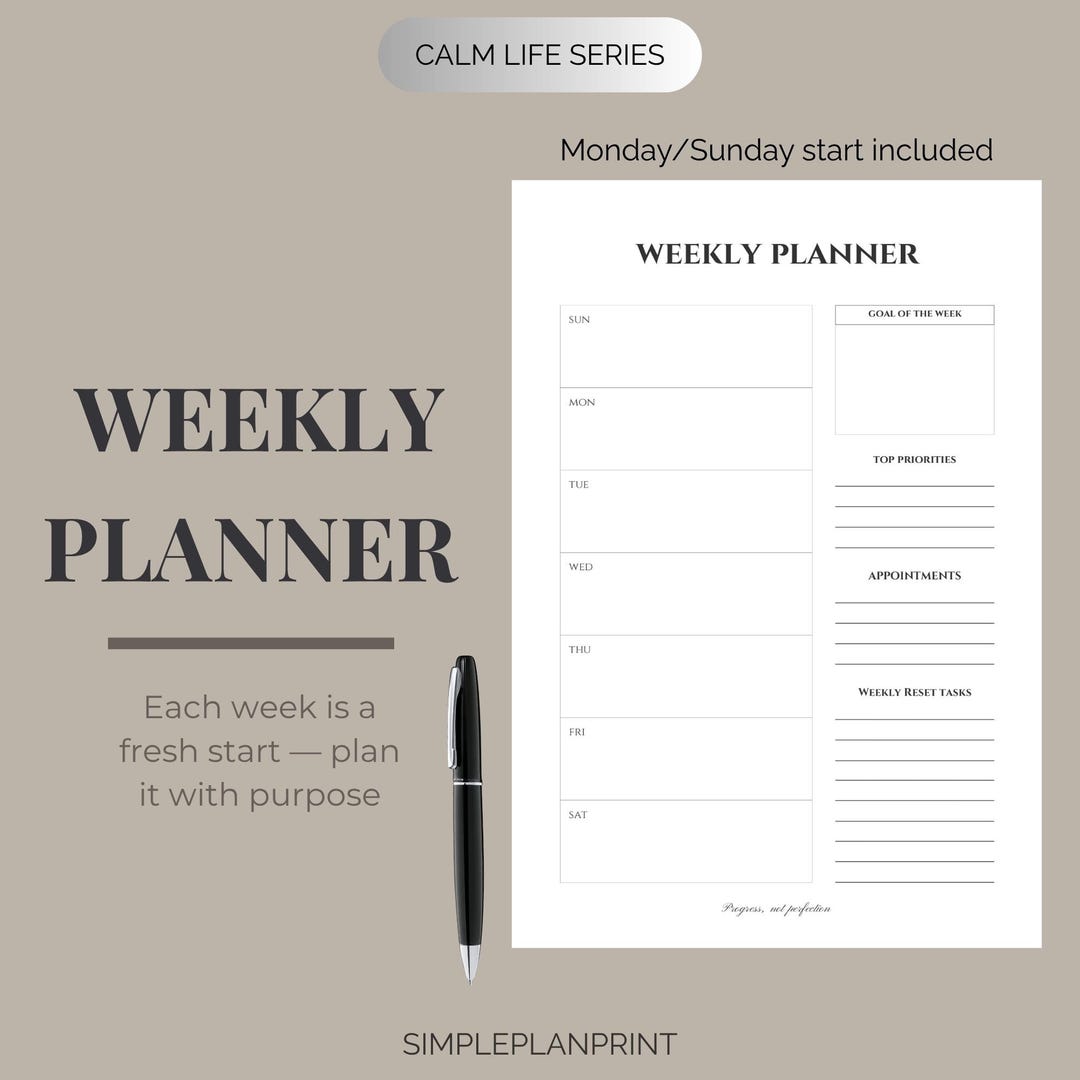 Minimal Weekly Planner Printable | Productivity Goal Tracker (digital ...