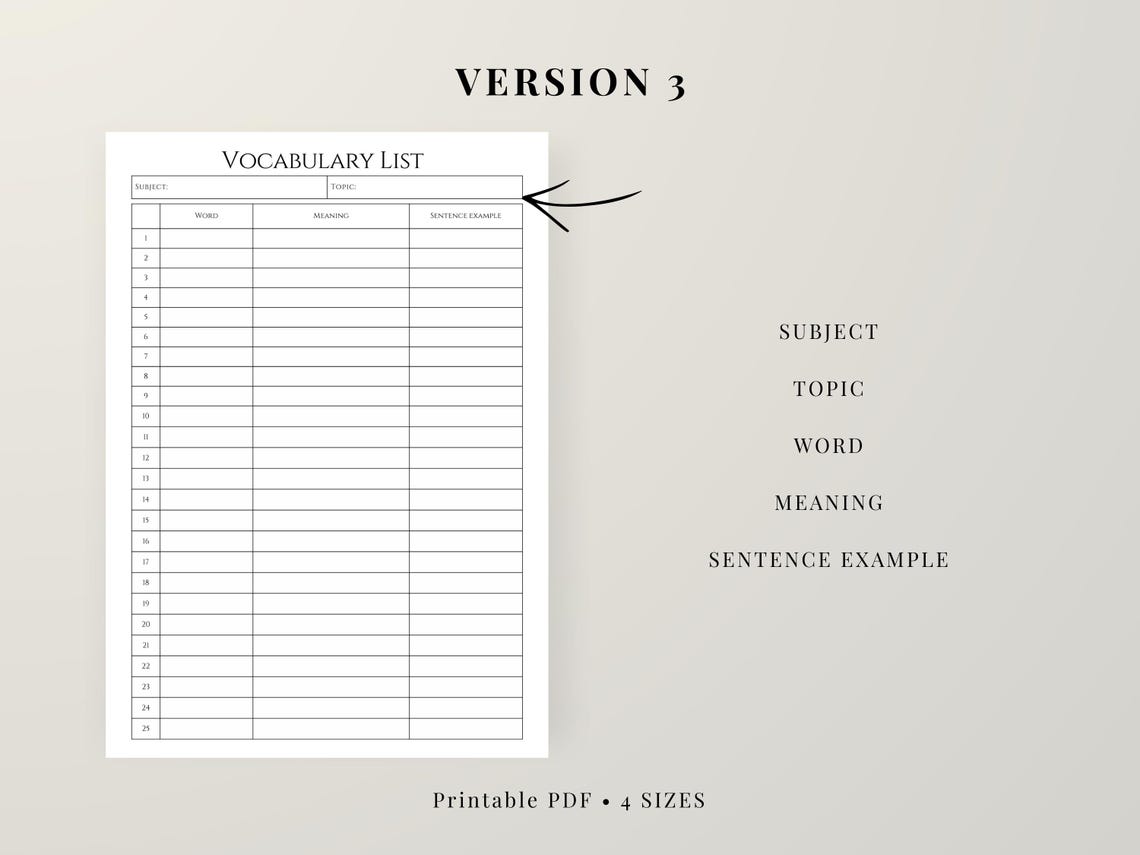 Vocabulary List Printable | Word Tracker & Language Study Worksheet PDF ...