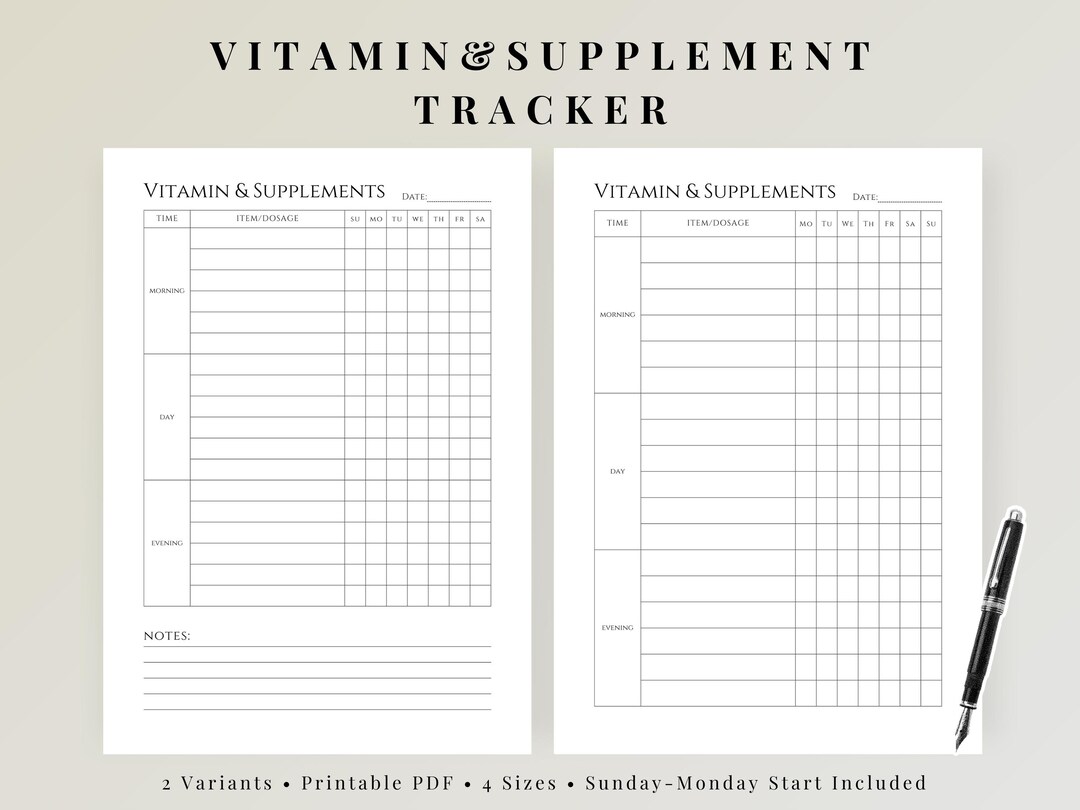 Daily Vitamin & Supplement Tracker Printable - Supplement Checklist ...