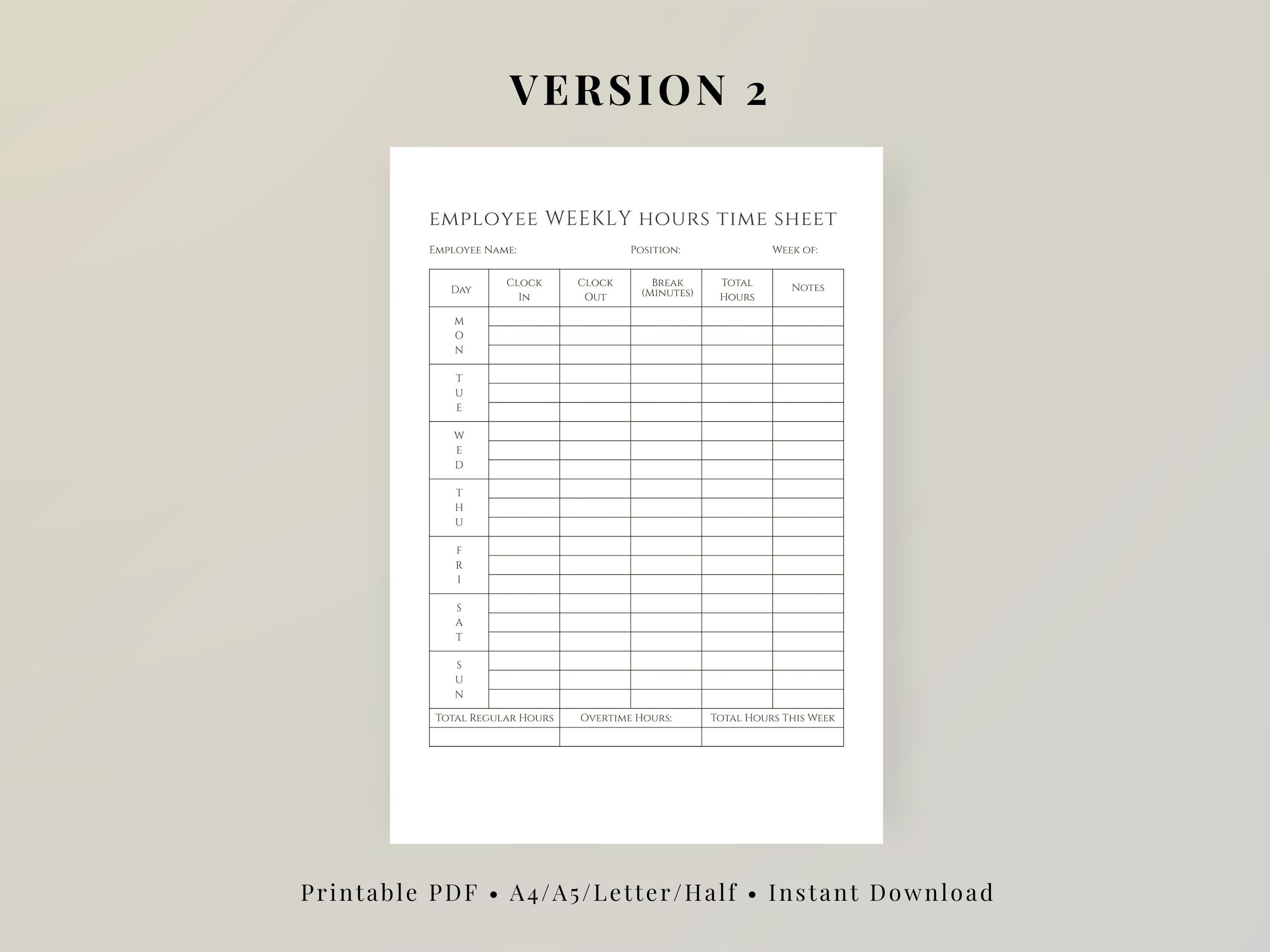 Weekly Employee Timesheet Printable PDF, Work Hours Log Sheet, Payroll ...