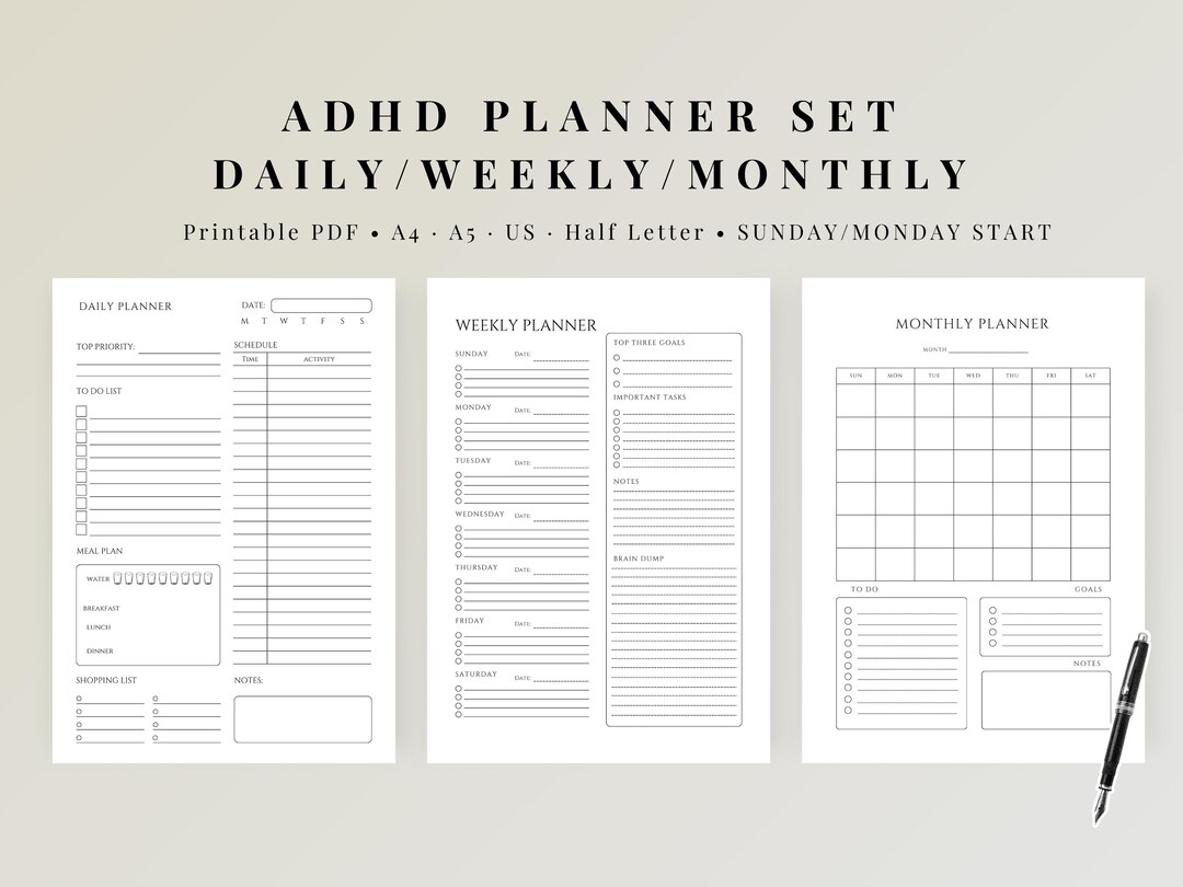 ADHD Planner Printable Set | Daily Planner, Weekly Planner, Monthly ...
