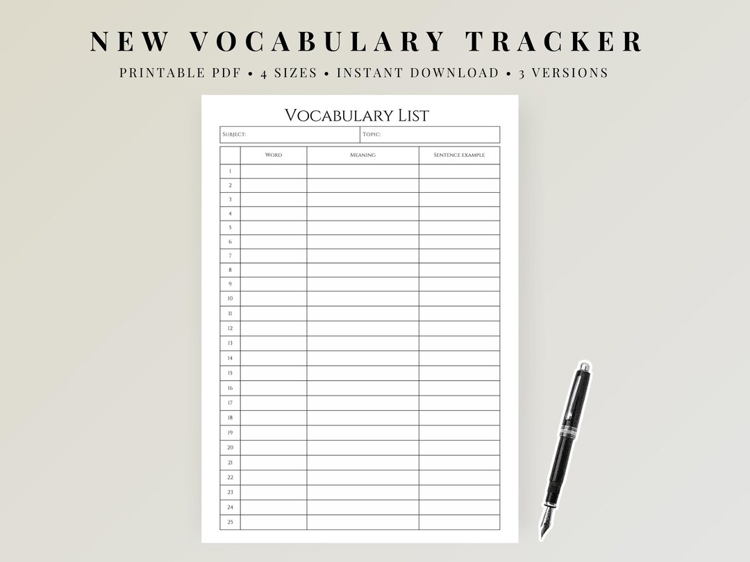 Vocabulary List Printable | Word Tracker & Language Study Worksheet PDF ...