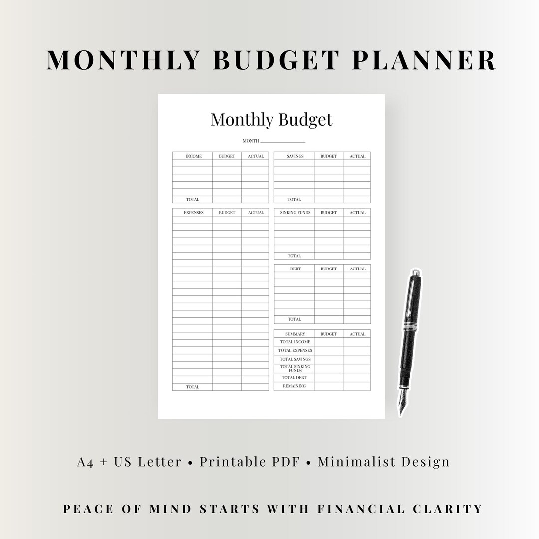 Minimalist Monthly Budget Planner | Expense Tracker | Savings & Debt ...
