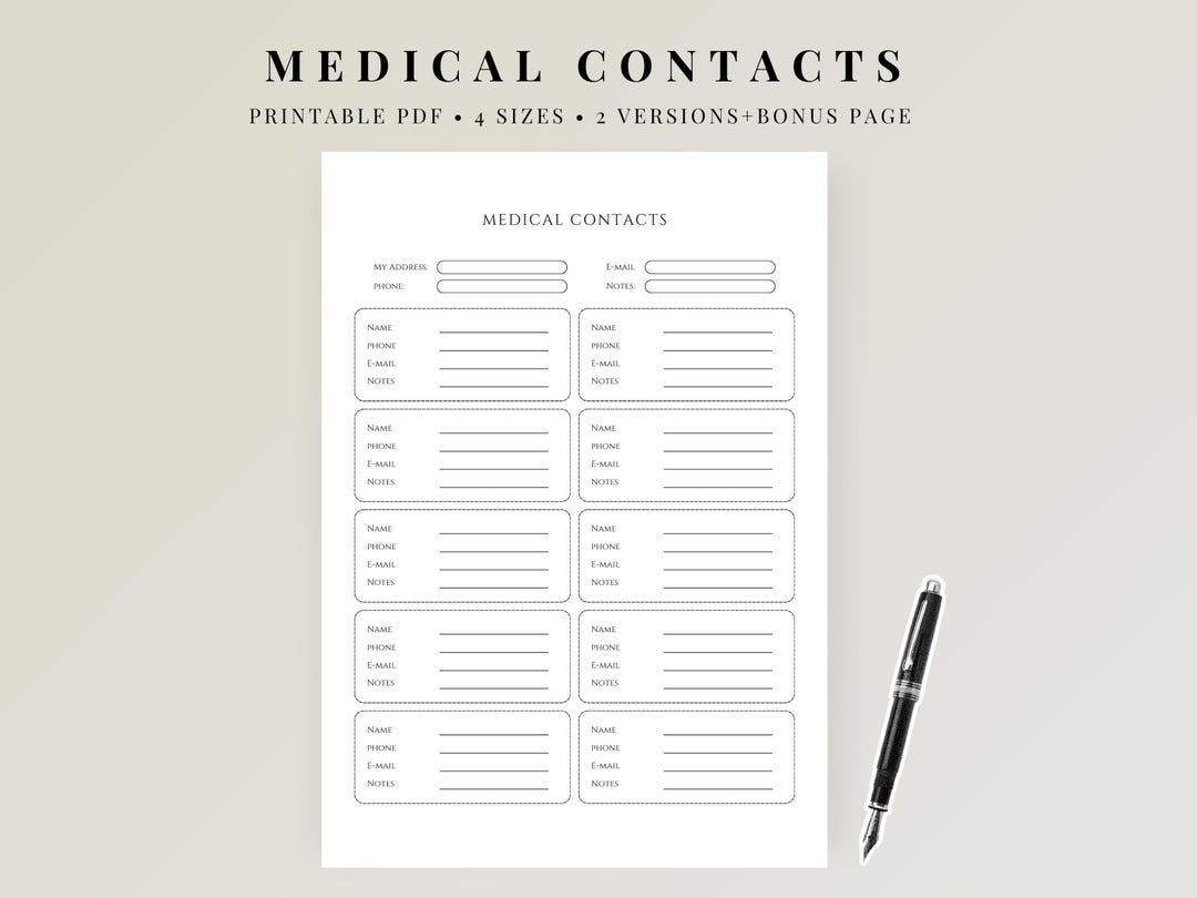 Medical Contacts List Printable, Emergency Information Sheet (PDF ...