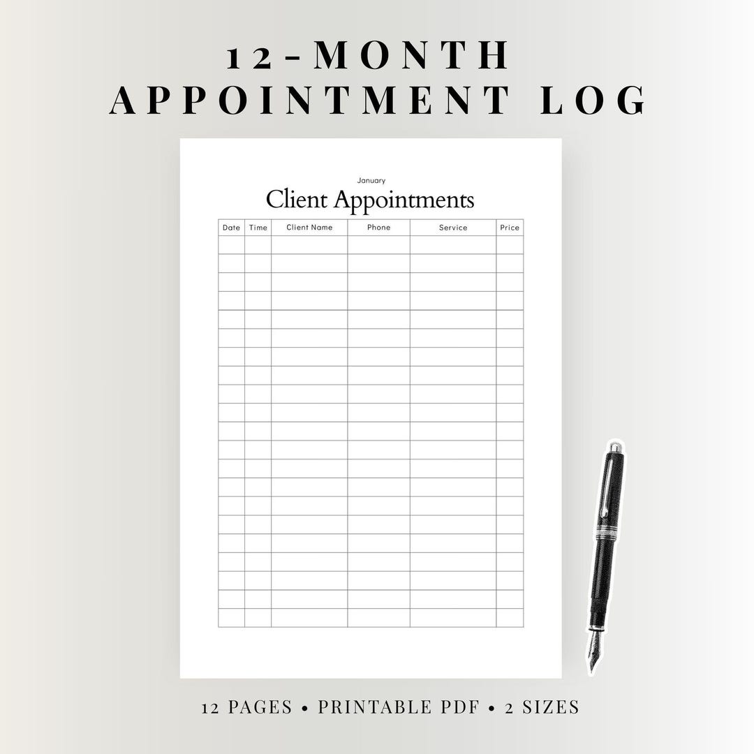 12 Month Client Log Printable, Appointment Tracker, Booking Tracker ...