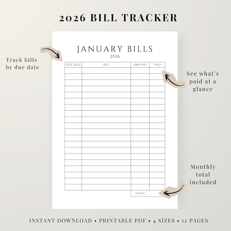 2026 Bill Tracker Printable – 12 Month Bills & Due Dates Planner PDF - Etsy