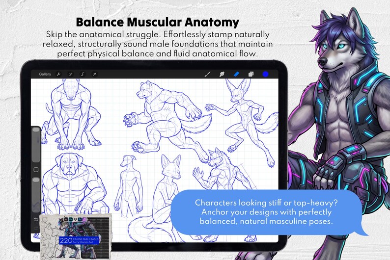 Big Furry Art Bundle 3000+ Stamps, Bases, Poses & Hair: Procreate, Clip ...