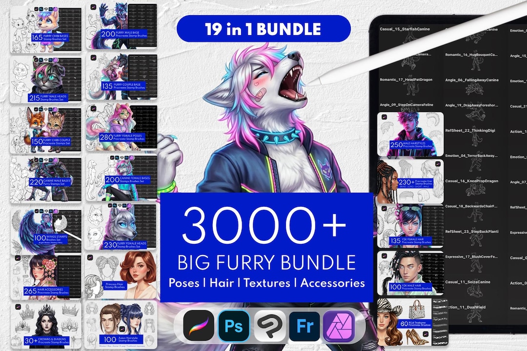 Big Furry Art Bundle 3000+ Stamps, Bases, Poses & Hair: Procreate, Clip ...