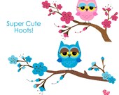 Items similar to OWLS ON BLOSSOMS- 6 piece clip art set. Png & Jpeg ...