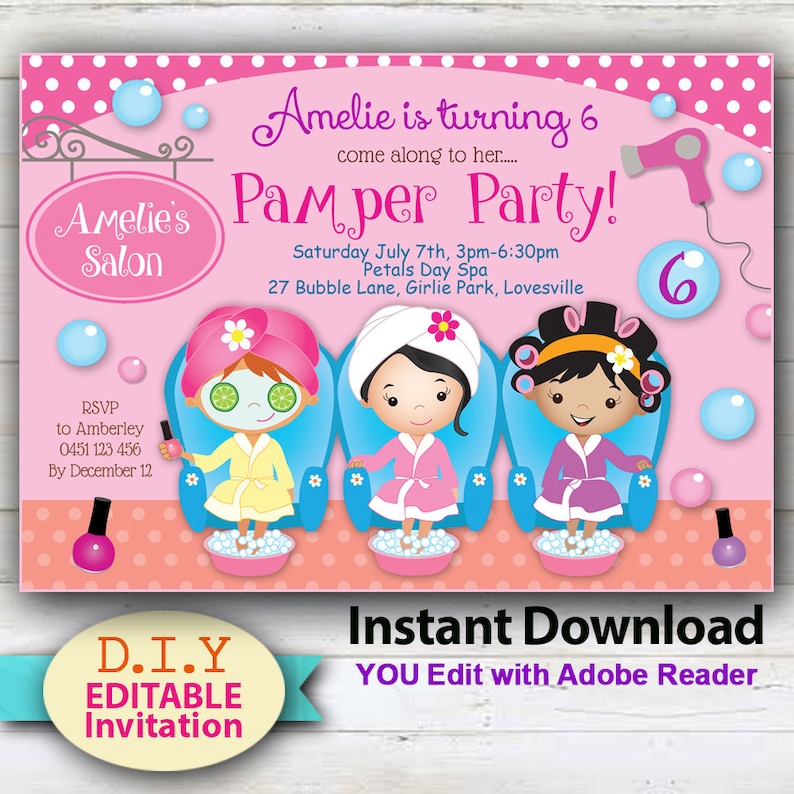 EDITABLE - Pamper Party Invitation, Girls Pamper Party, INSTANT ...