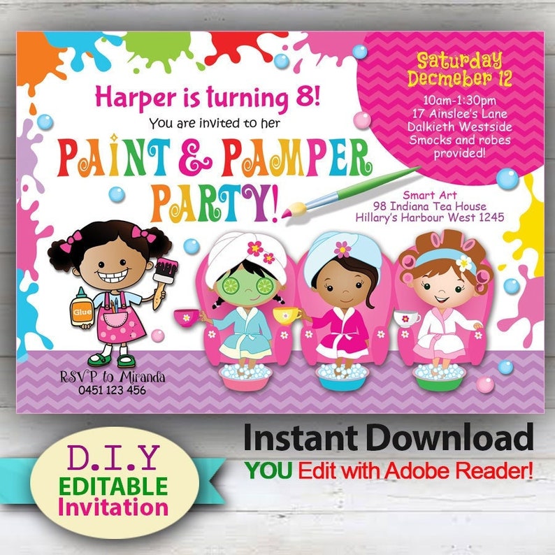 INSTANT DOWNLOAD D.I.Y Editable Pamper and Paint Invitation, Edit at ...