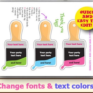 EDITABLE - Paint Brush Tags, Art Party Favor Tags, Art Party Thank You ...