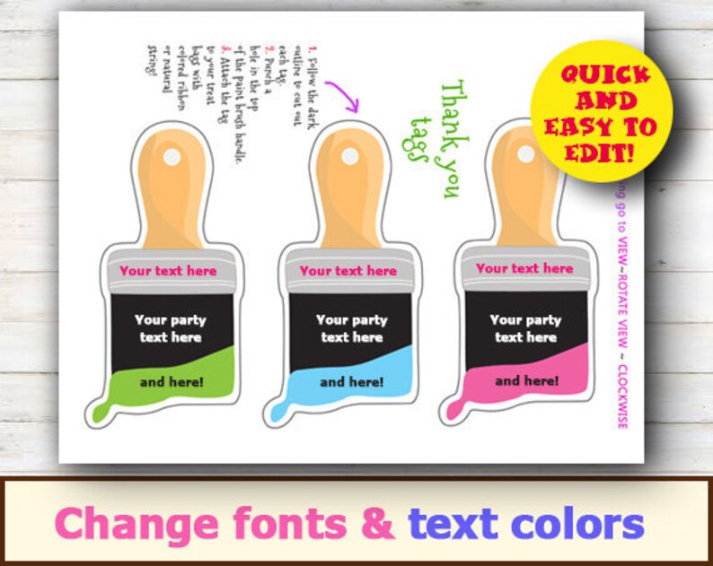 EDITABLE Paint Brush Tags Art Party favor tags Art Party | Etsy