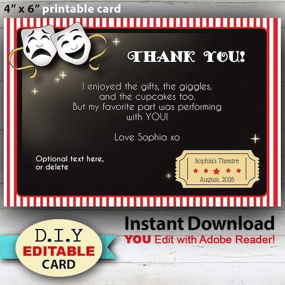 EDITABLE Theatre Show Thank You Cards YOU Edit at Home With | Etsy