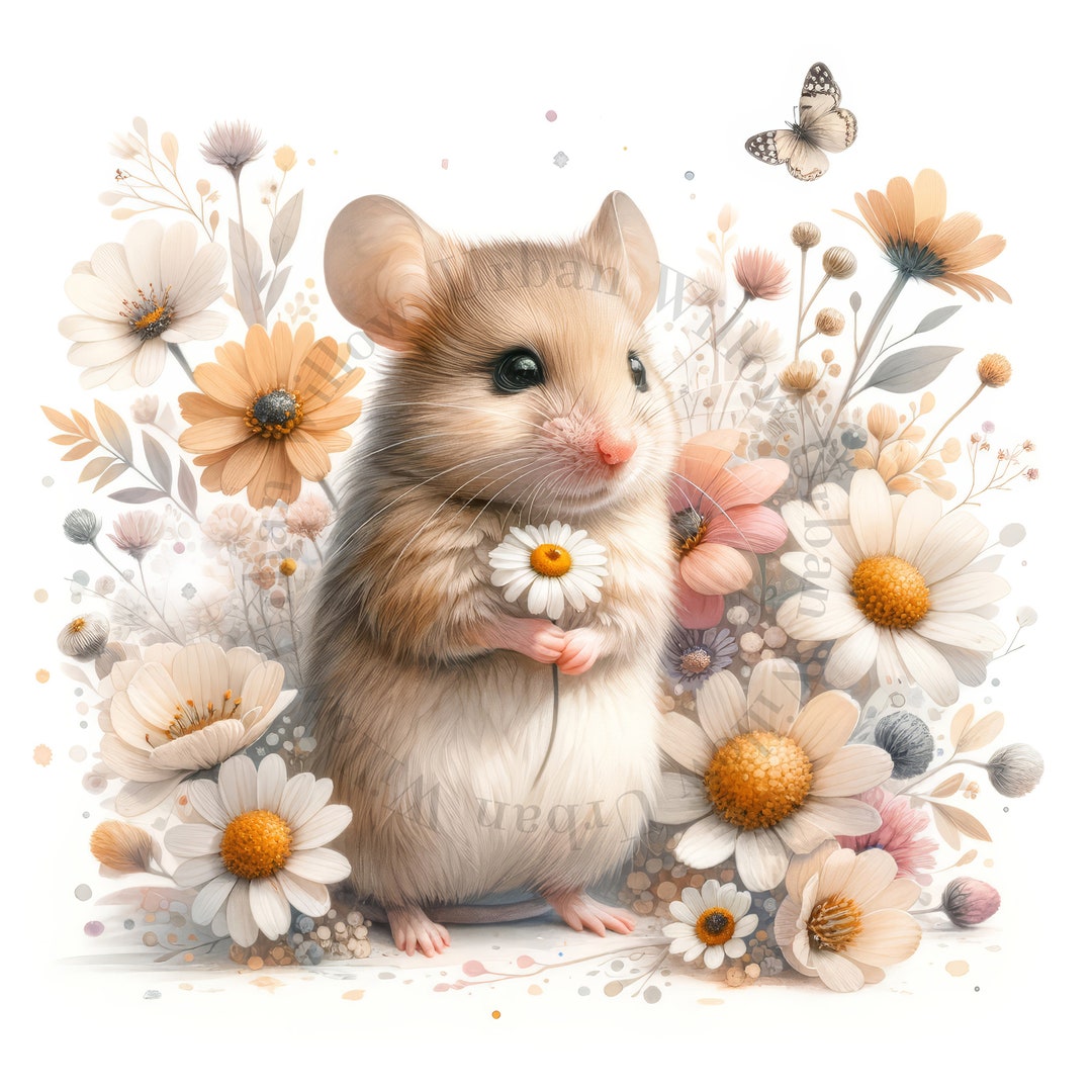 10 Cute Mouse and Flowers Watercolor Clipart, Garden, Quality Jpgs ...