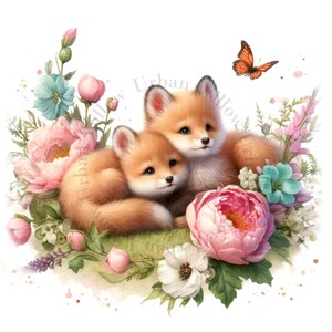 7 Cute Animals Clipart, Fox, Flowers, Garden, Watercolor Clipart ...