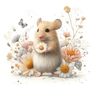 10 Cute Mouse and Flowers Watercolor Clipart, Garden, Quality Jpgs ...