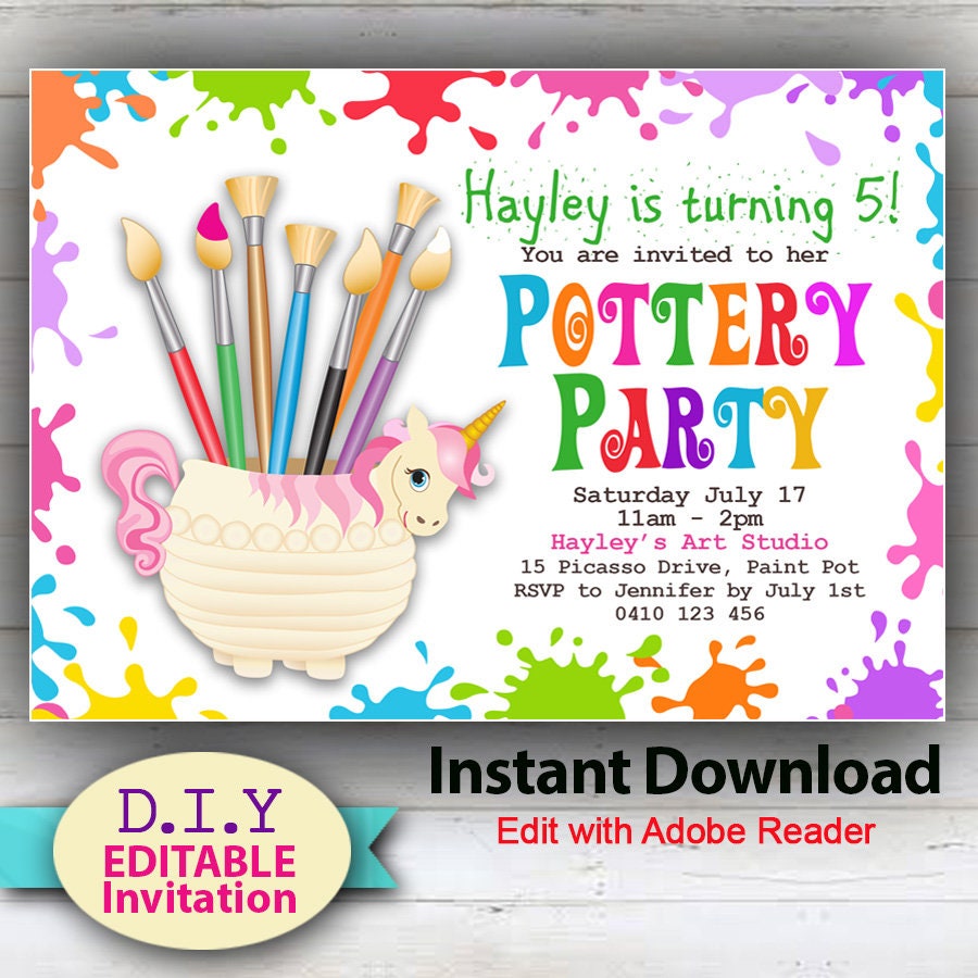 INSTANT DOWNLOAD D.I.Y Editable Pottery Party Invitation, Do-it ...