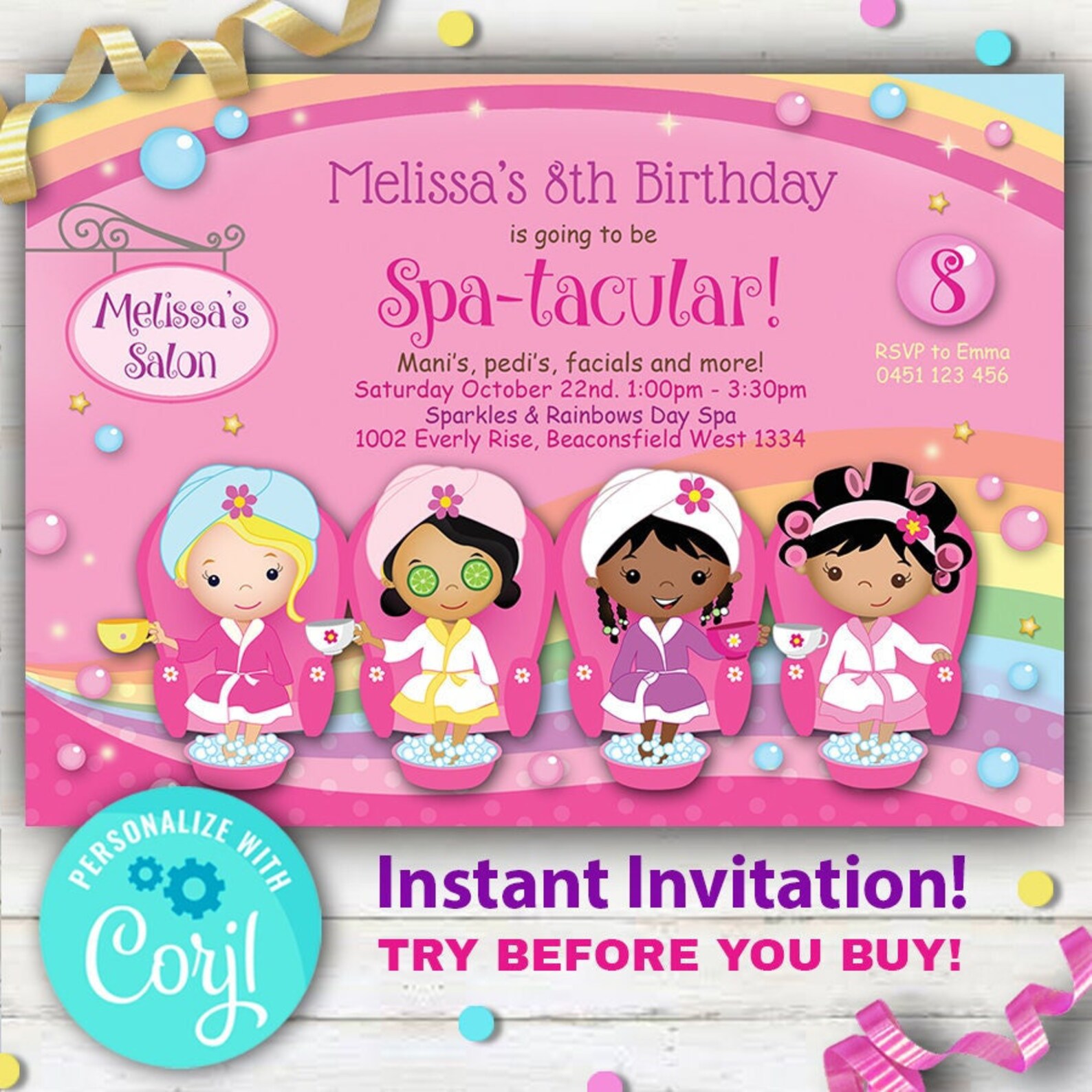 EDITABLE - Spa Party Invitation, Manicure or Pedicure Mixed Ethnicity ...