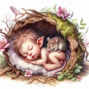 10 Cute Sleeping Elf Babies and Mouse Fantasy Clipart. Quality JPEG ...