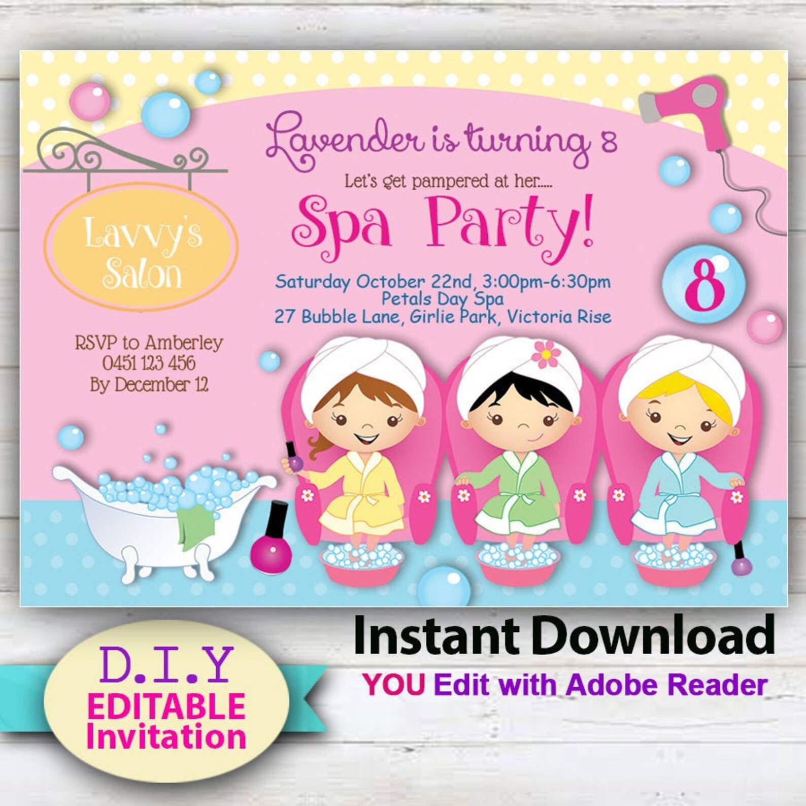 EDITABLE - Day Spa Invitation, Printable Spa/pedi Invite, Birthday ...