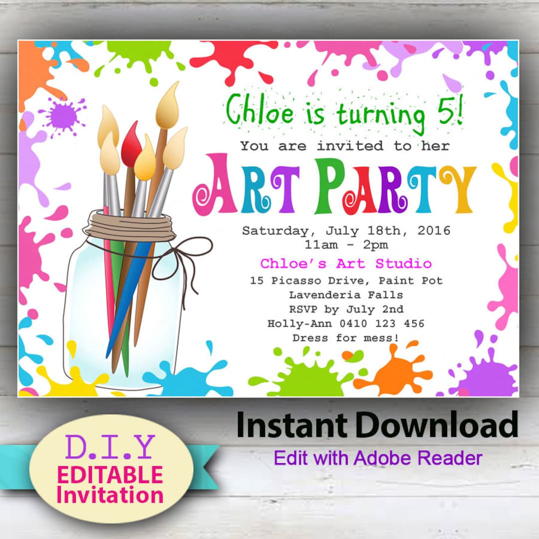 EDITABLE Art D.I.Y. Party Invitation, Paint Party Invites, Paint ...
