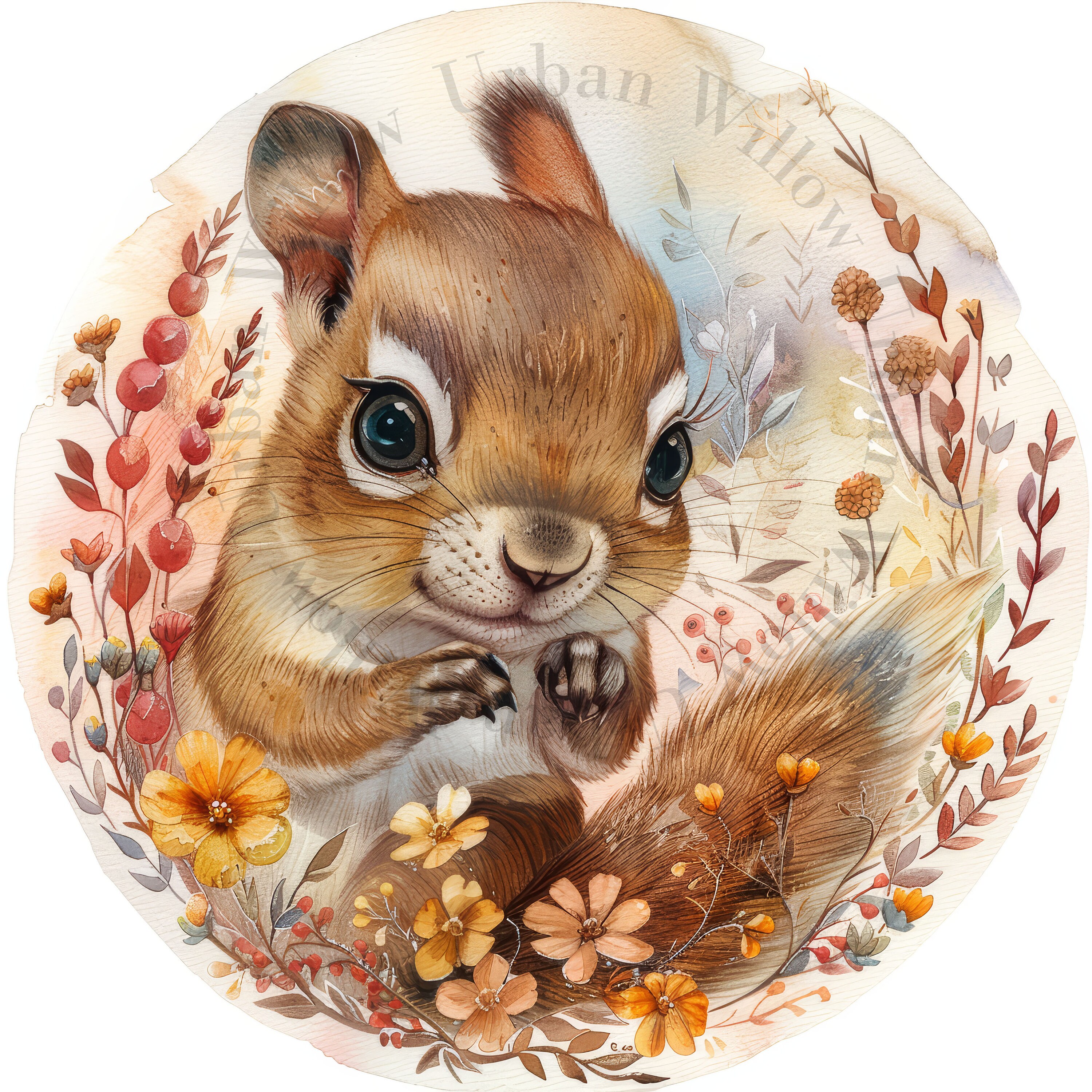 8 Cute Animals Clipart, Squirrel, Fox, Mouse, Bear, Floral. Watercolor ...