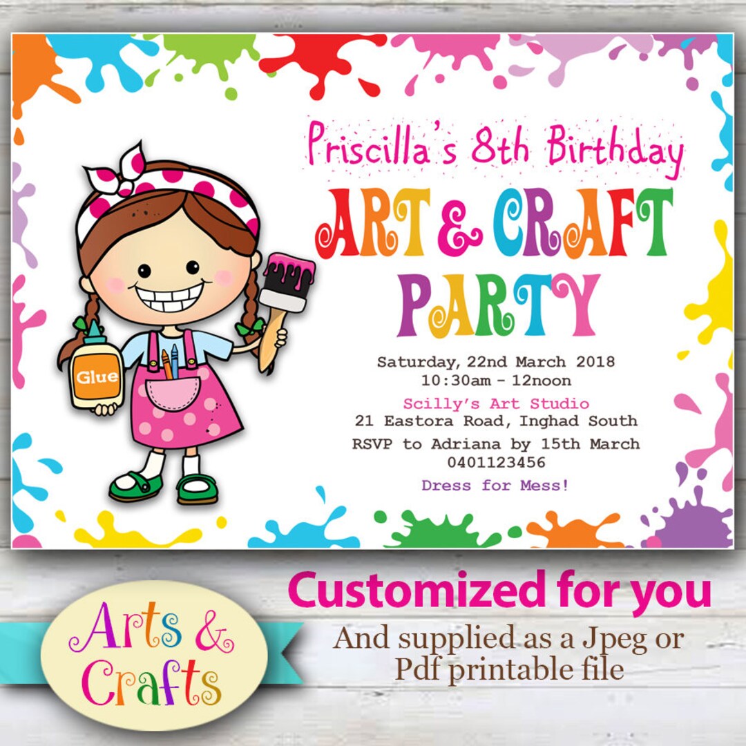 CUSTOMIZED Art & Crafts Invitation, Cute Crafty Girl Invitation ...