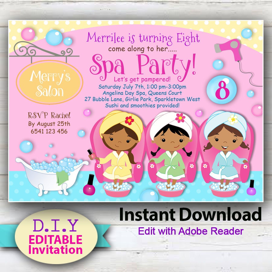 EDITABLE Day Spa Invitation, Beauty Salon, Birthday Party Girls Brown ...