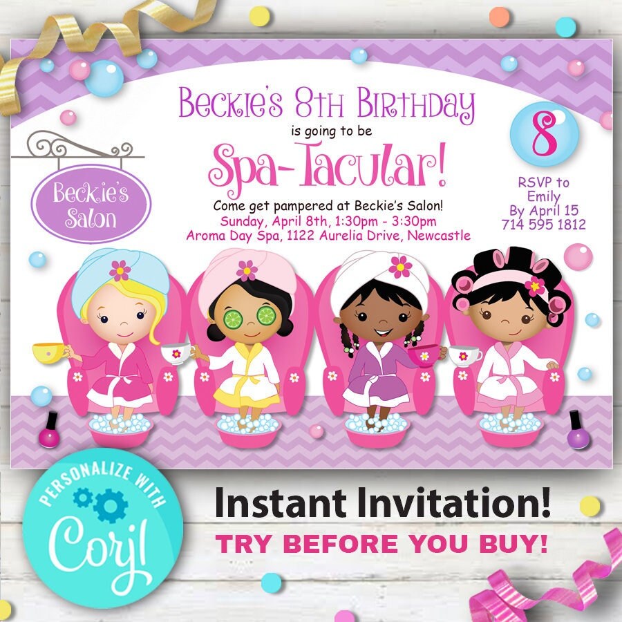 EDITABLE - Pamper Party Invitation, Girls Pamper Party, Cute Day Spa ...