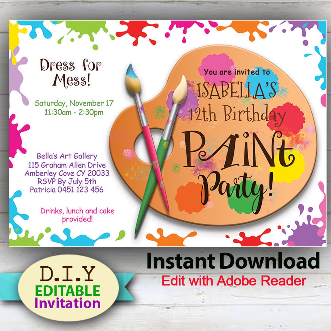 EDITABLE - D.I.Y. Painting or Art Party Invitation. INSTANT DOWNLOAD ...