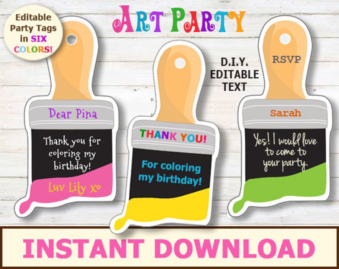 EDITABLE - Paint Brush Tags, Art Party Favor Tags, Art Party Thank You ...