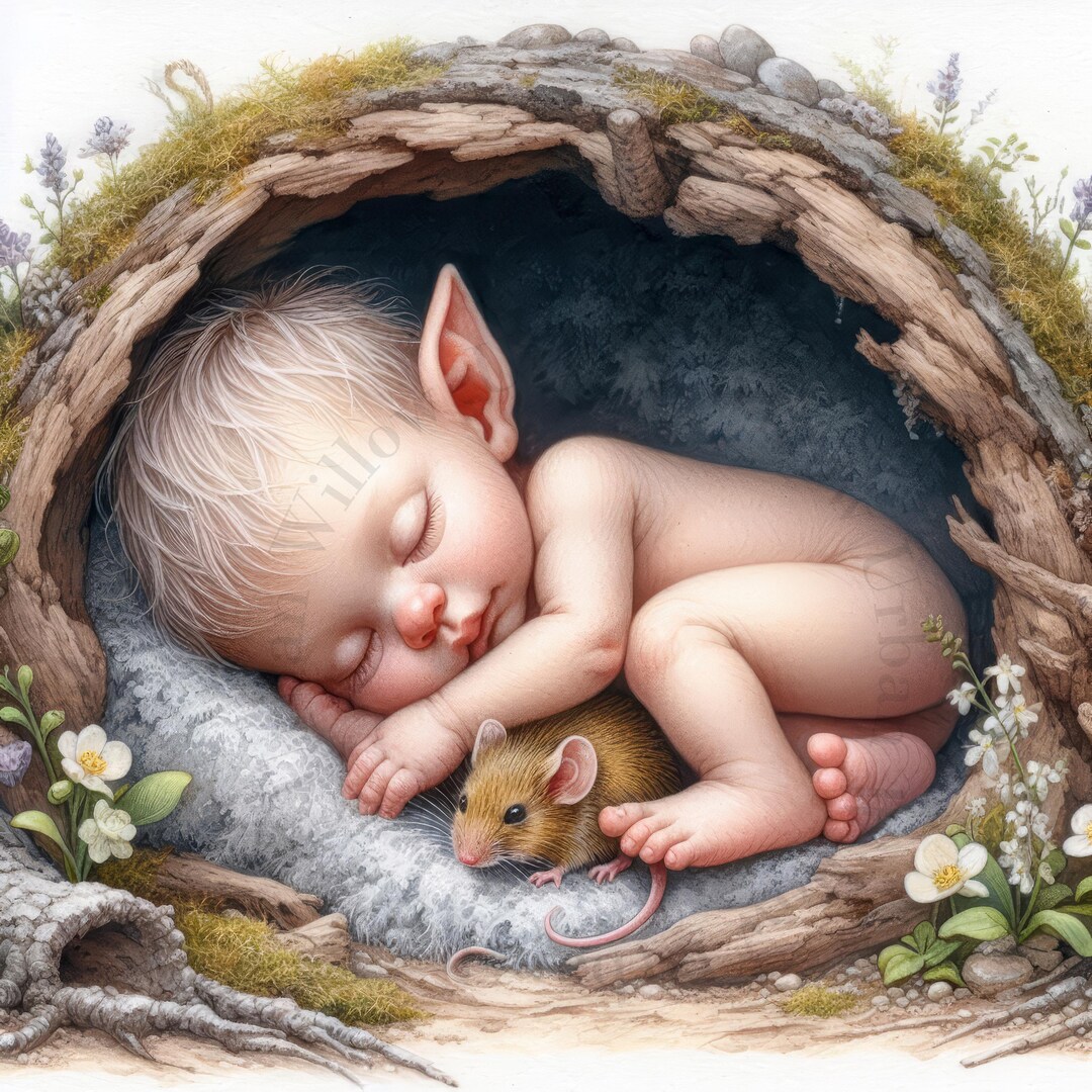 10 Cute Sleeping Elf Babies and Mouse Fantasy Clipart. Quality JPEG ...
