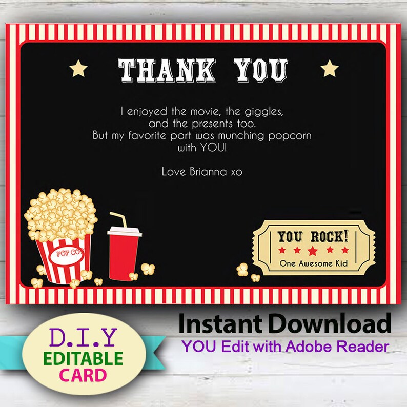 EDITABLE Movie Party Thank You Cards, YOU Edit at Home With Adobe ...