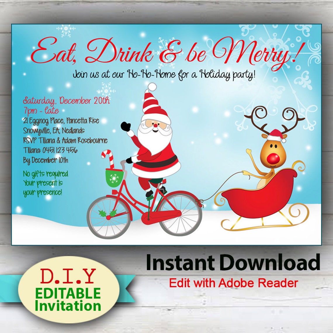 EDITABLE Christmas Invitation, Rudolph & Santa, Fun Christmas ...